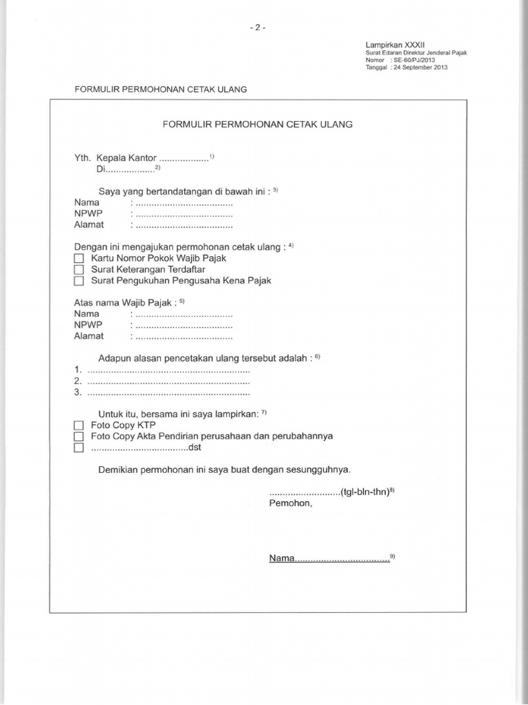 Formulir Permohonan Cetak Ulang Kartu NPWP | PDF