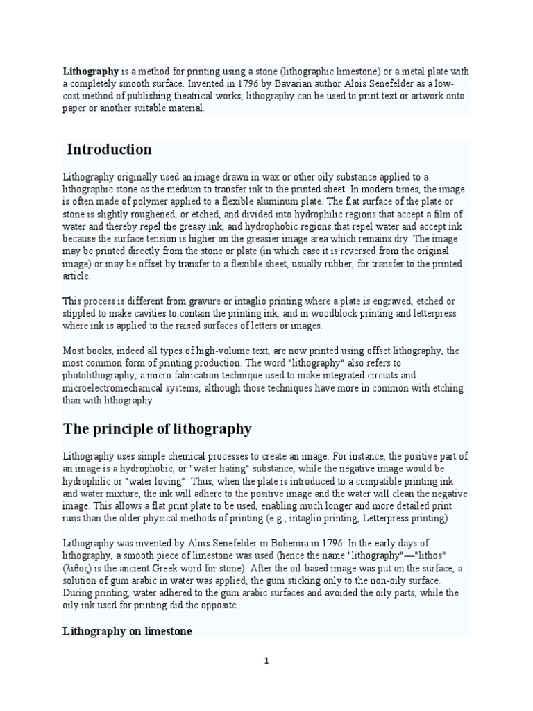 Lithography Is A Method For Printing Using A Stone (Lithographic ...