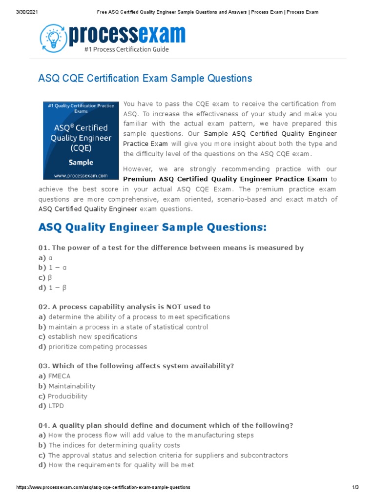 ASQ CQE Certification Exam Sample Questions | PDF | Engineer | Test ...