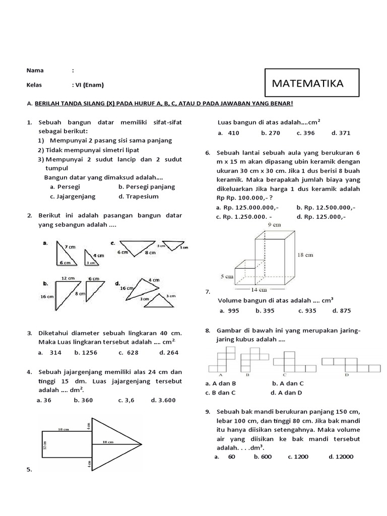 Soal Try Out Matematika SD Kelas 6 | PDF