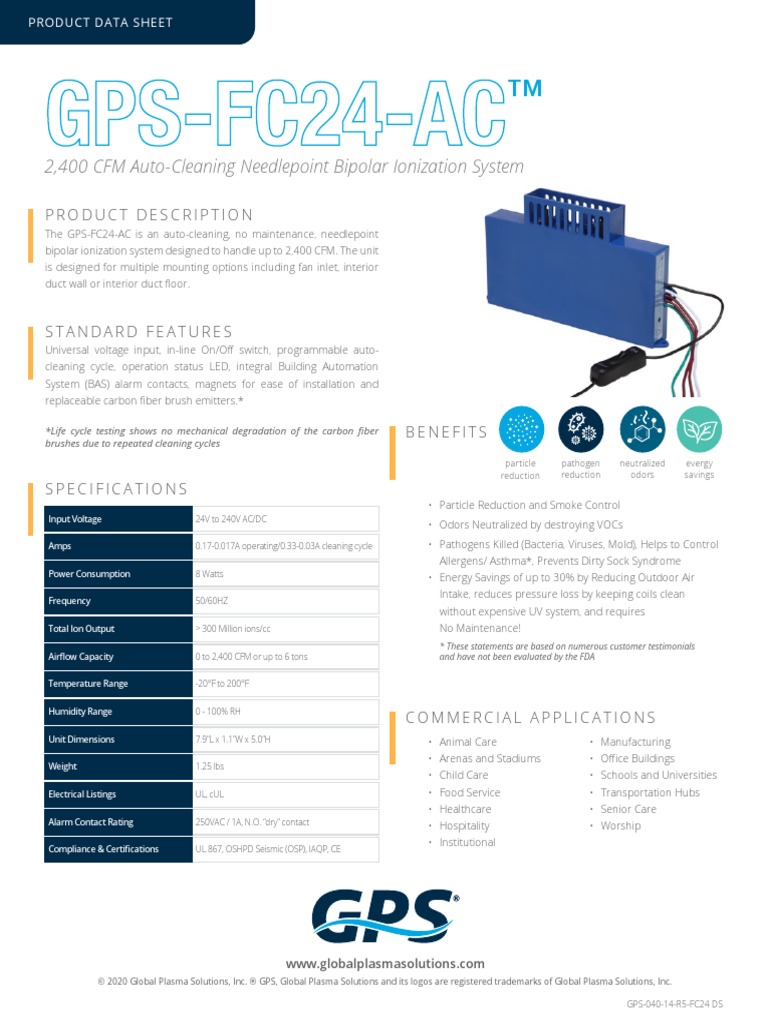 GPS-FC24-AC: 2,400 CFM Auto-Cleaning Needlepoint Bipolar Ionization ...