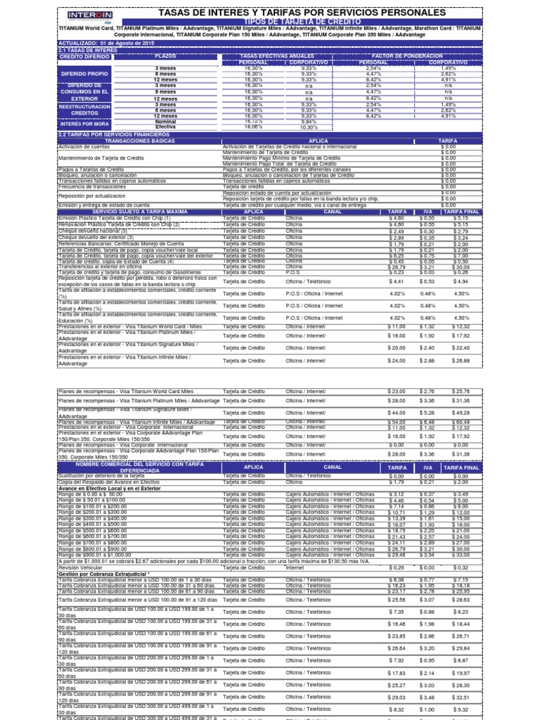 Tarifas Interdin Personal 2015 | PDF | Seguro | Bancos