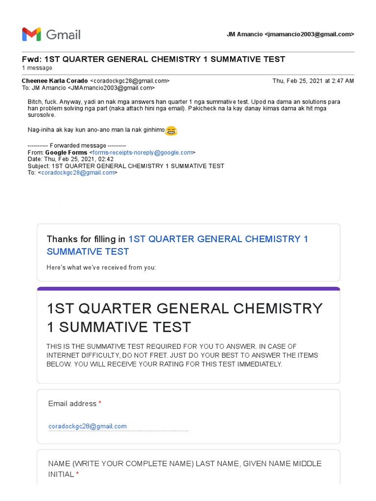 Gmail FWD - 1ST QUARTER GENERAL CHEMISTRY 1 SUMMATIVE TEST | PDF ...