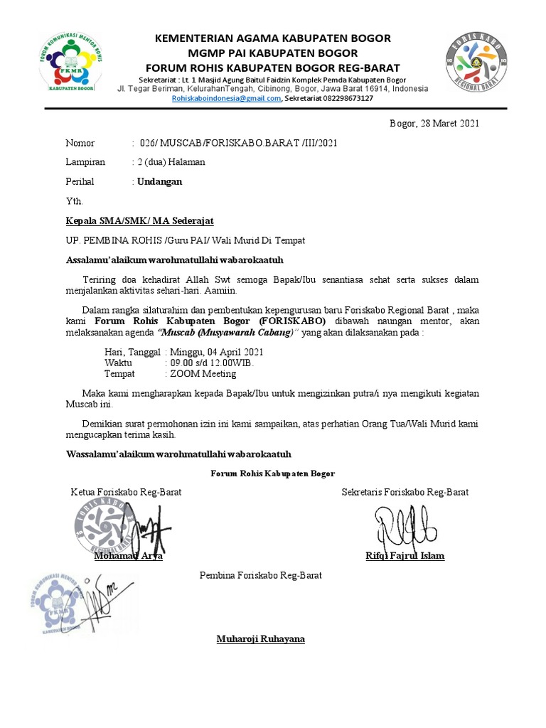 026 Surat Undangan Muscab Foriskabo Barat 2021 Revisi | PDF