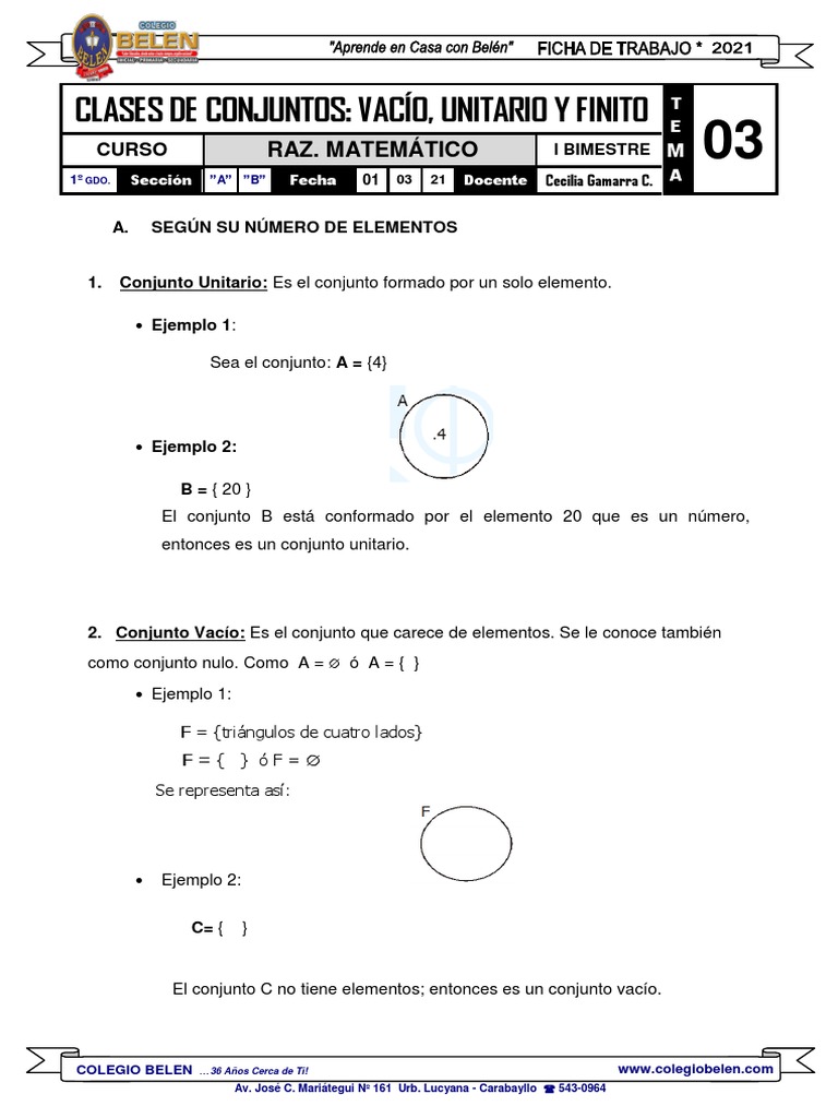 03 Raz. M - Clases de Conjuntos - Vacío, Unitario y Finito - Ficha | PDF