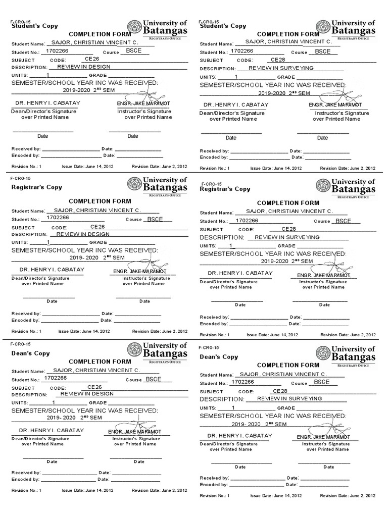 Student Completion Form Template | PDF