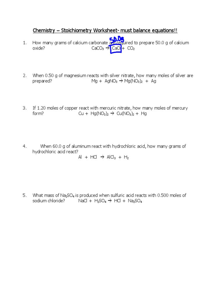 Chemistry - Stoichiometry Worksheet-Must Balance Equations!! | PDF ...