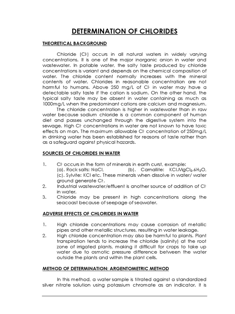 Determination of Chlorides | PDF | Chloride | Titration