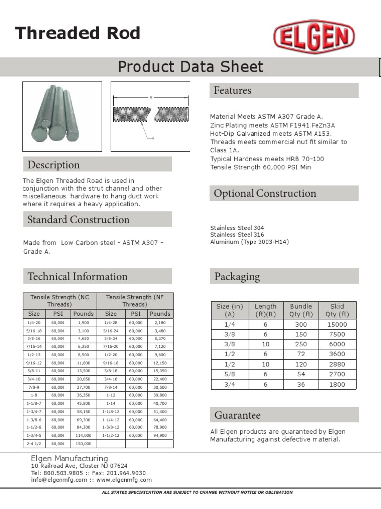 Threaded Rod: Product Data Sheet | PDF | Galvanization | Economic Sectors