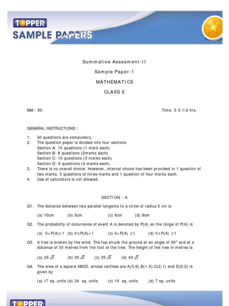 Summative Assesment-II Sample Paper-1 Mathematics Class X: Section - A | PDF