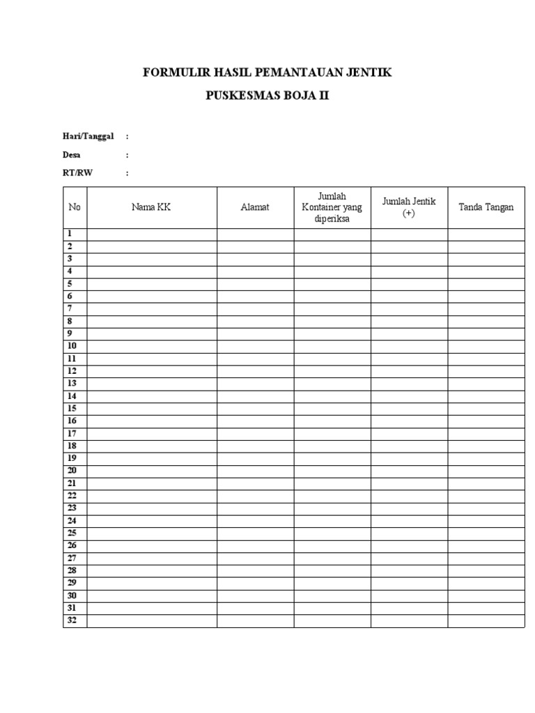 Formulir Pemantauan Jentik Puskesmas | PDF