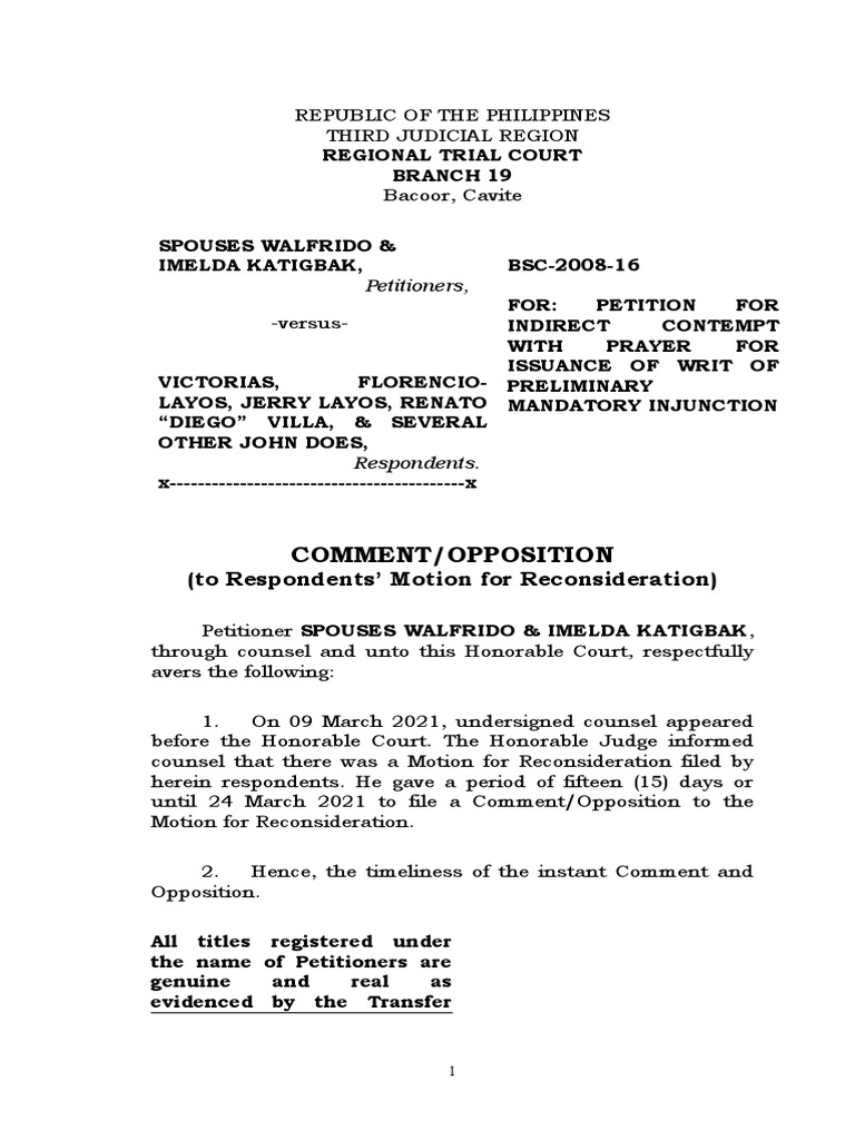 Comment/Opposition: (To Respondents' Motion For Reconsideration) | PDF ...