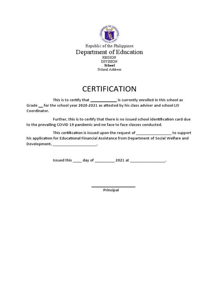 Enrolment Certification With No Issued ID For DSWD | PDF