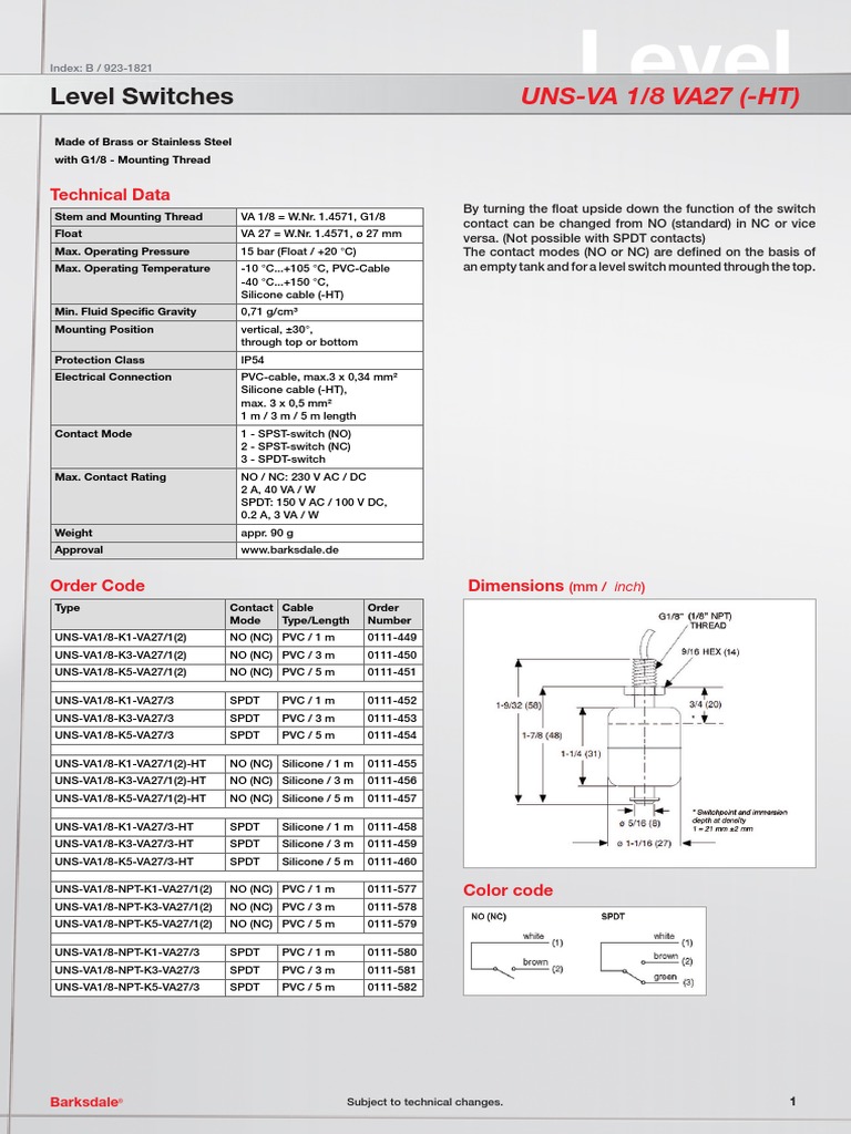 Barksdale Level Switch Datasheet | PDF | Manufactured Goods | Equipment