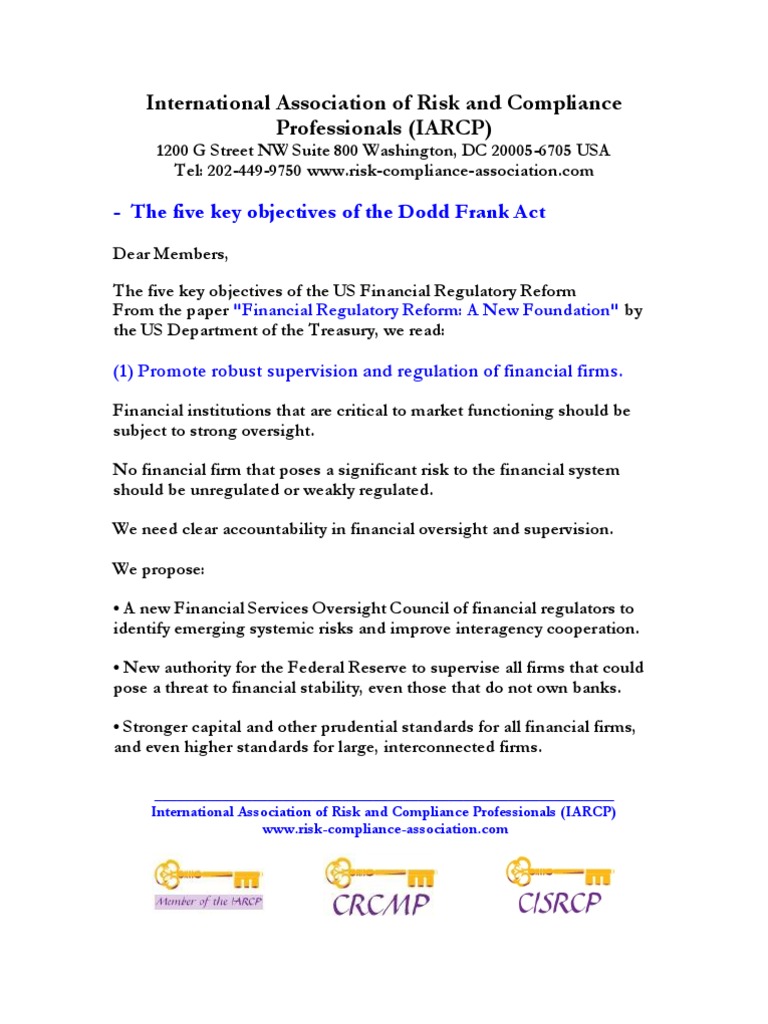 The Five Key Objectives of the Dodd Frank Act | Dodd–Frank Wall Street ...