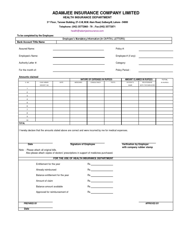 Adamjee Health Insurance Claim Form | PDF | Economics Of Service ...