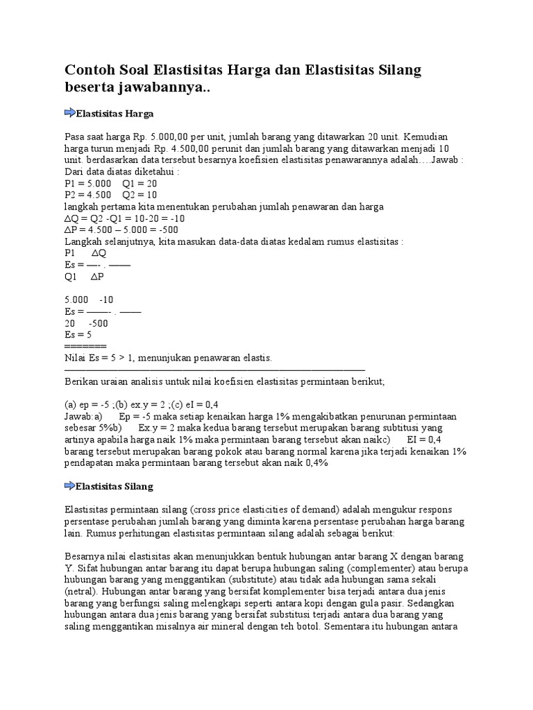 Contoh Soal Elastisitas Harga Dan Elastisitas Silang Beserta | PDF