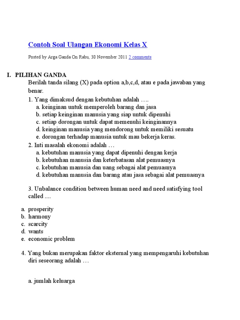 Contoh Soal Ulangan Ekonomi Kelas X | PDF