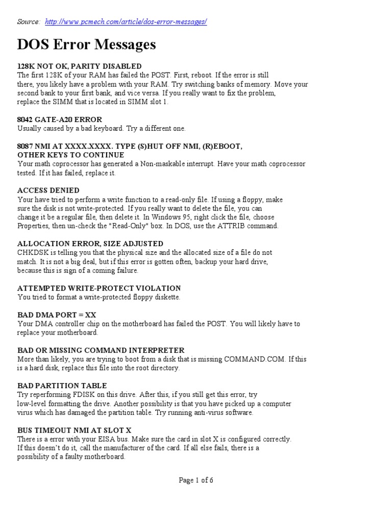 DOS ERROR Messages | Floppy Disk | Booting