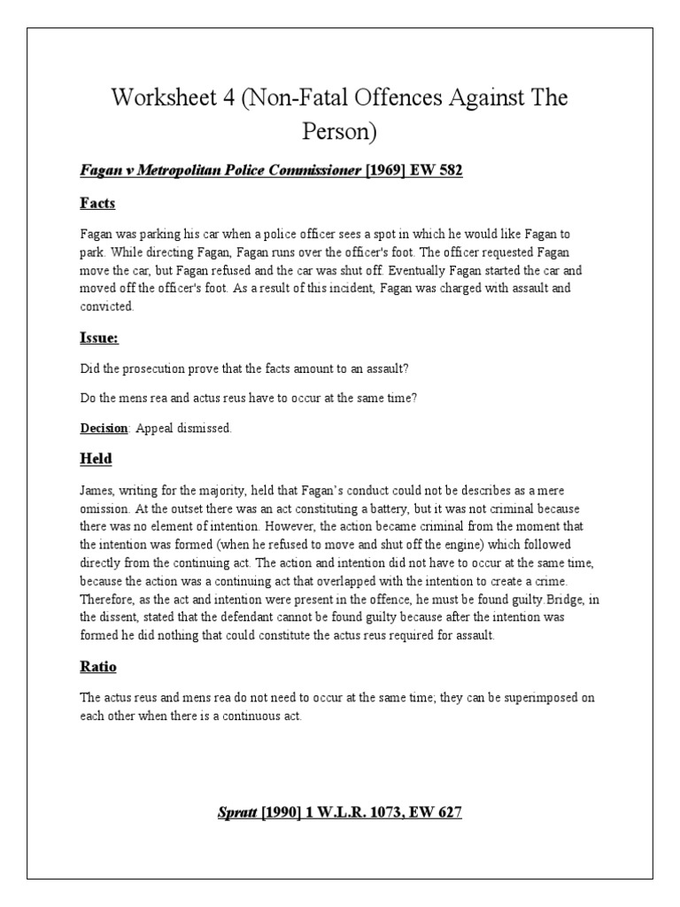 Worksheet 4 (Non-Fatal Offences Against The Person) : Fagan V ...