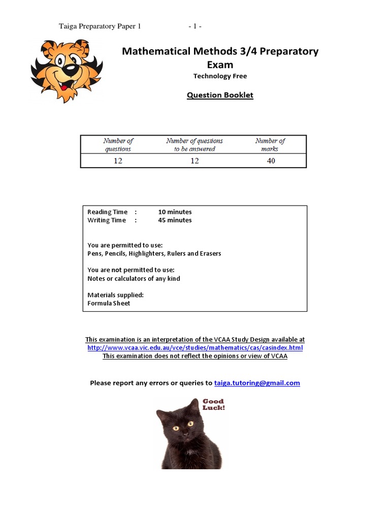 Mathematical Methods 3/4 Preparatory Exam: Question Booklet | PDF ...