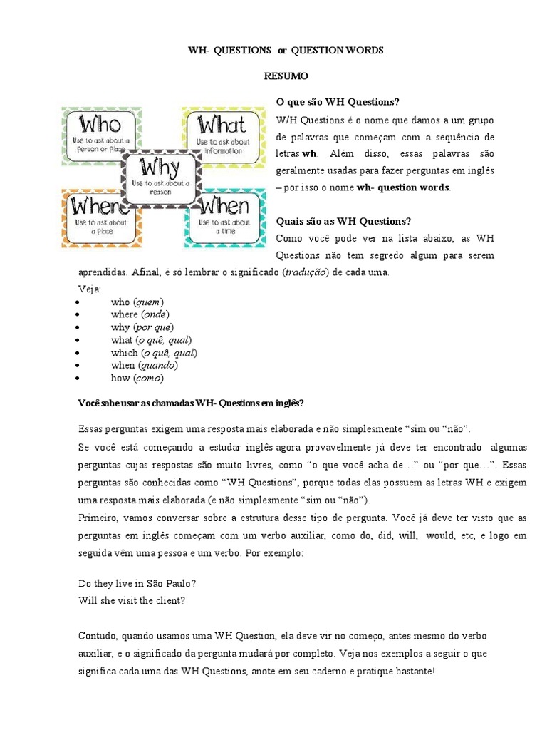 WH Questions Resumo | PDF | Língua inglesa | Idiomas