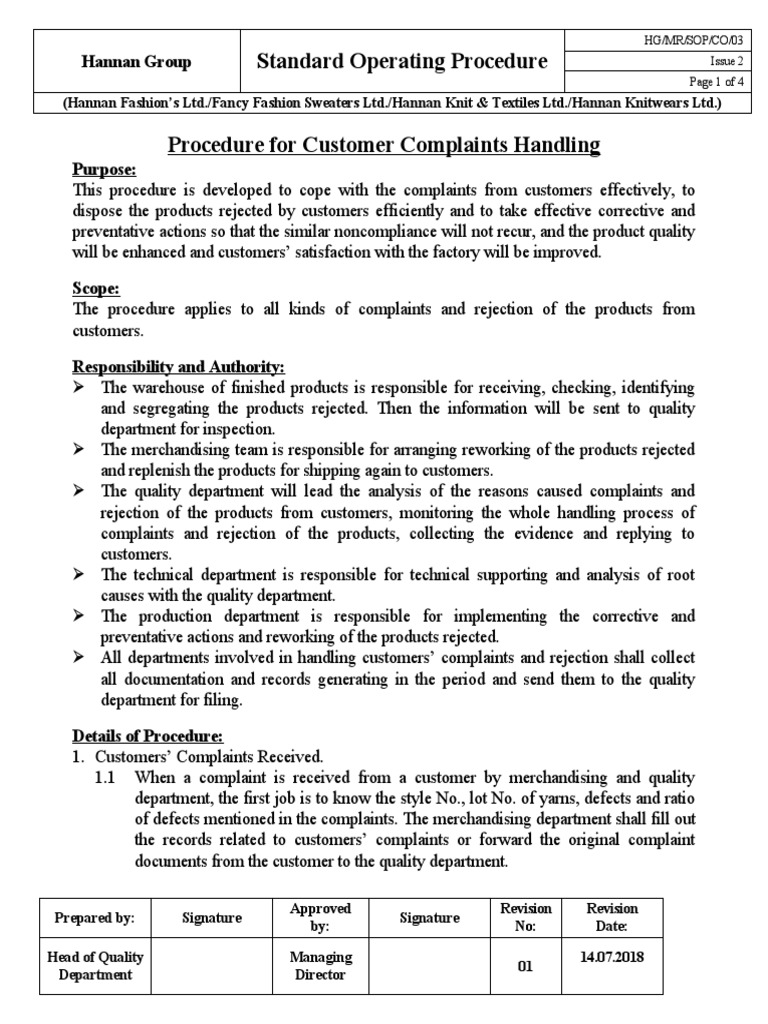 Procedure For Customer Complaints Handling | PDF | Complaint | Business