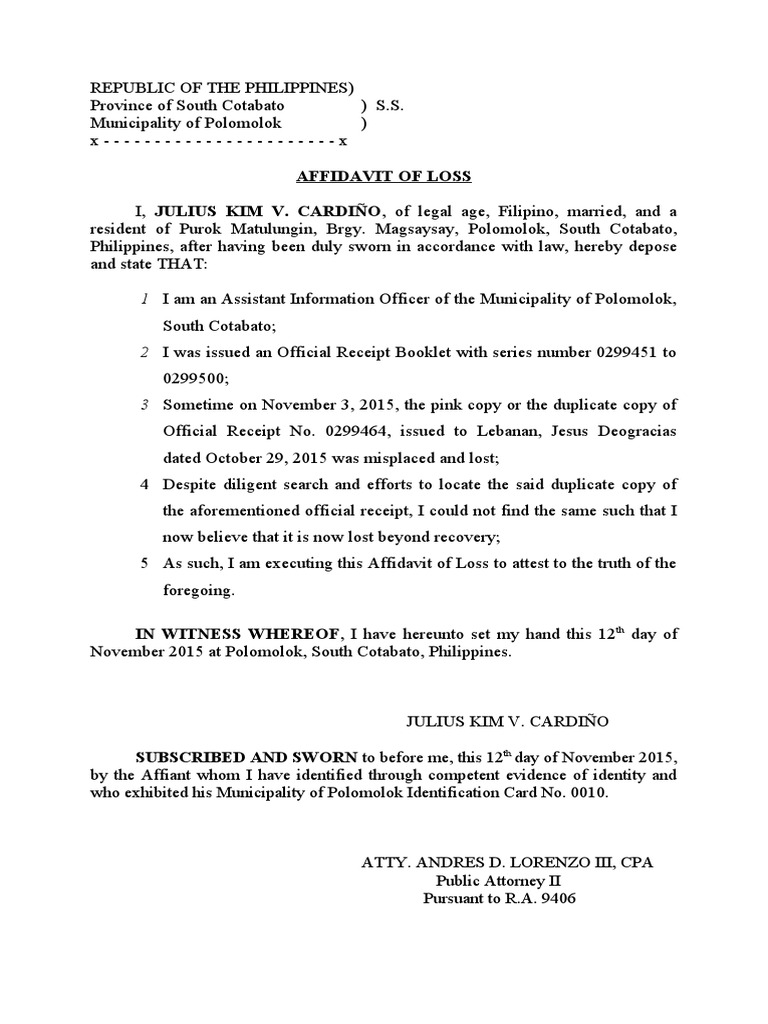 Affidavit of Loss - Official Receipt | PDF