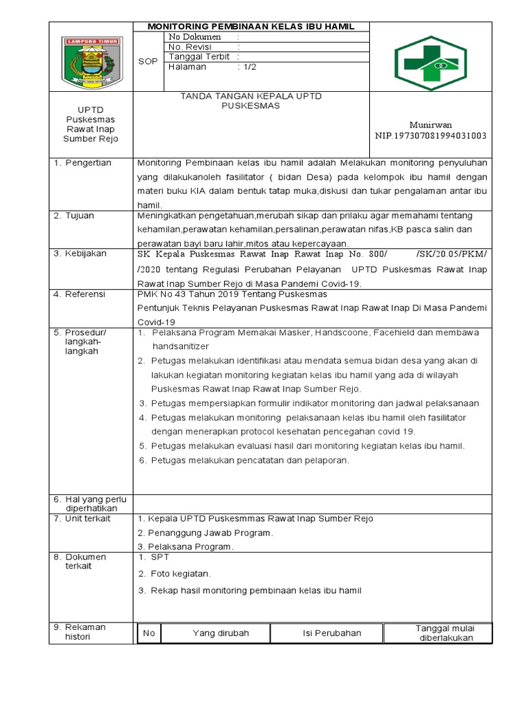 SOP Monitoring Kelas Ibu Hamil | PDF