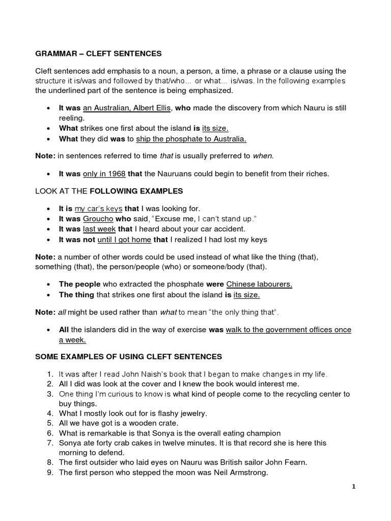 Cleft Sentences Guide | PDF | Sentence (Linguistics) | Syntax