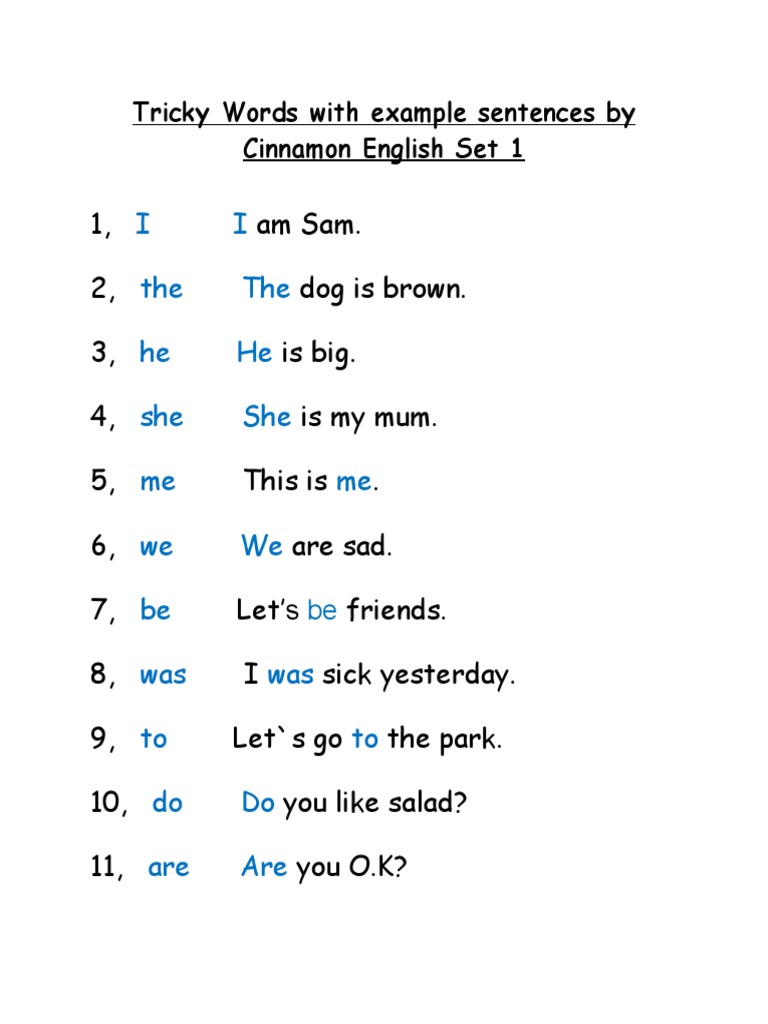 Tricky Words With Example Sentences by Cinnamon English Set 1 | PDF