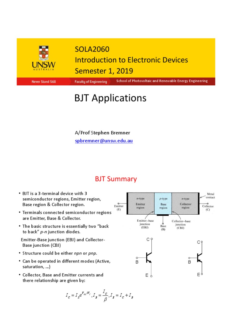 BJT Applications: SOLA2060 Introduction To Electronic Devices Semester 1, 2019 | PDF | Bipolar ...