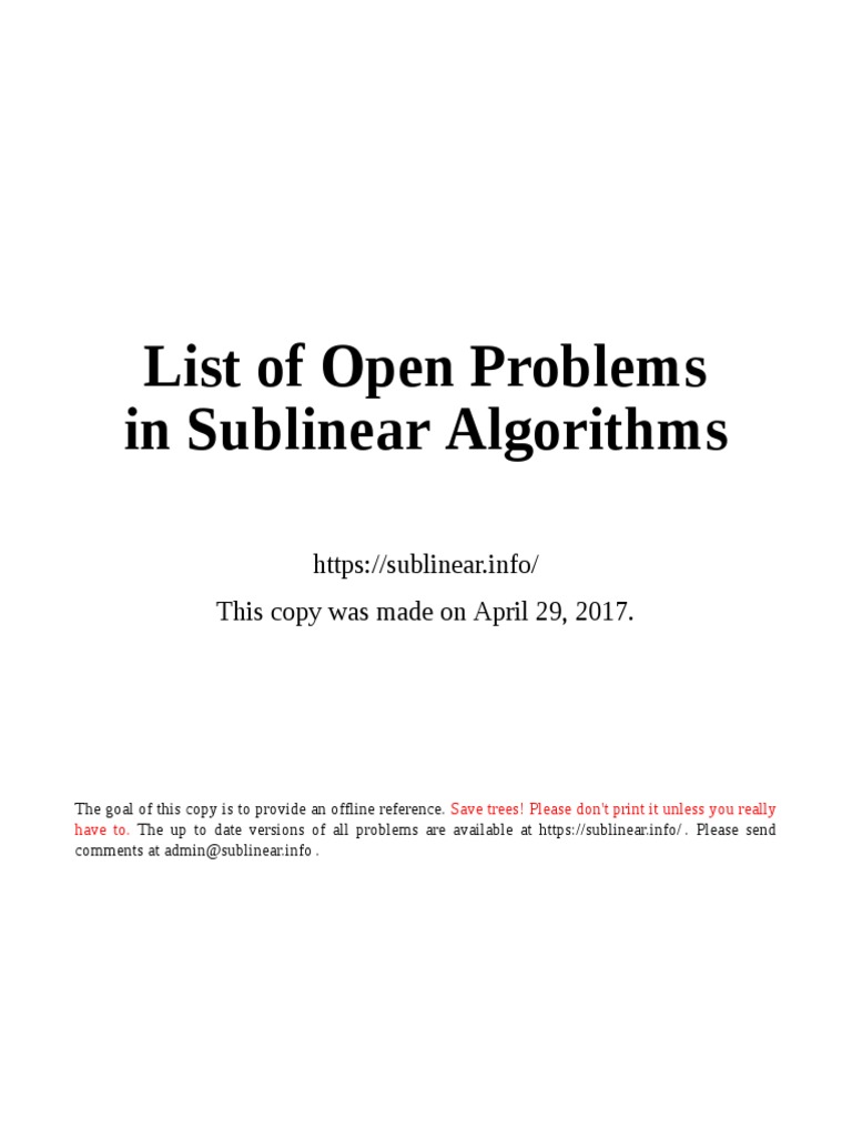List of Open Problems in Sublinear Algorithms: This Copy Was Made On ...