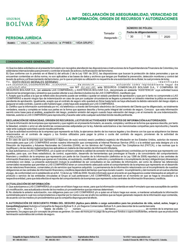 B-011 Declaración-De-Asegurabilidad-Persona-Jurídica | PDF | Póliza de seguros | Tarjeta de débito