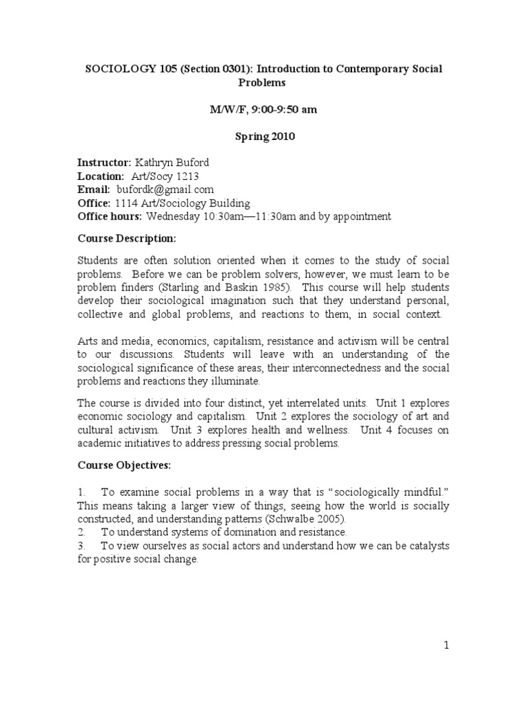 Social Problems Syllabus Fall-2010 | PDF | Sociology | Entrepreneurship