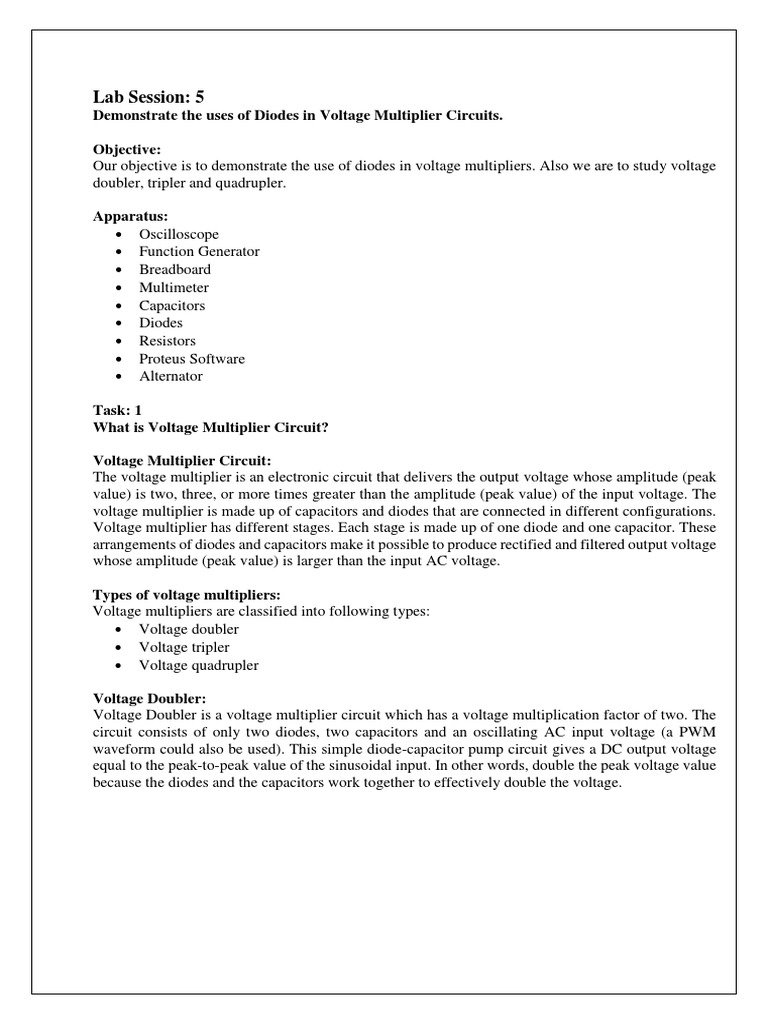 Lab Session: 5: Demonstrate The Uses of Diodes in Voltage Multiplier Circuits. Objective | PDF ...