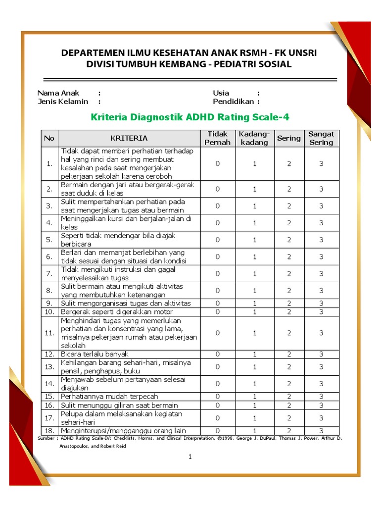 Kriteria Diagnostik ADHD Rating Scale4 Edit3 | PDF