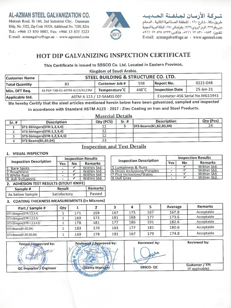 Sample Inspection Report Galvanizing | PDF