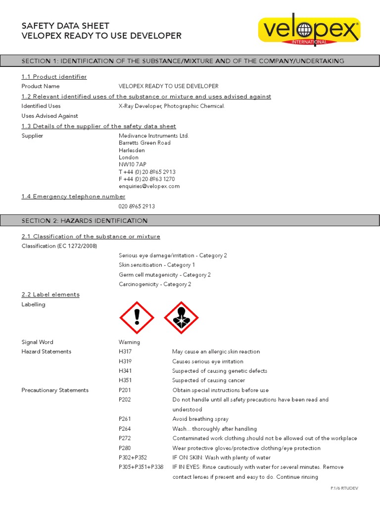 Safety Data Sheet Velopex Ready To Use Developer | PDF | Carcinogen ...