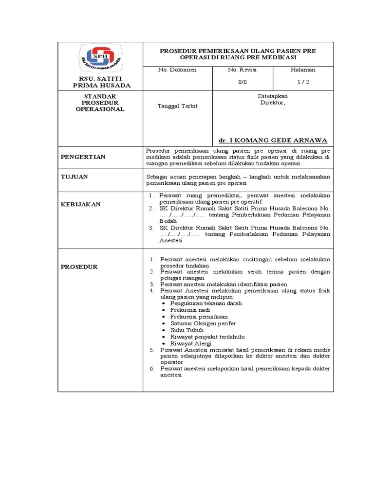 Pemeriksaan Ulang Pasien Pre Operasi (SOP) | PDF | Kesehatan Holistik | Sains & Matematika