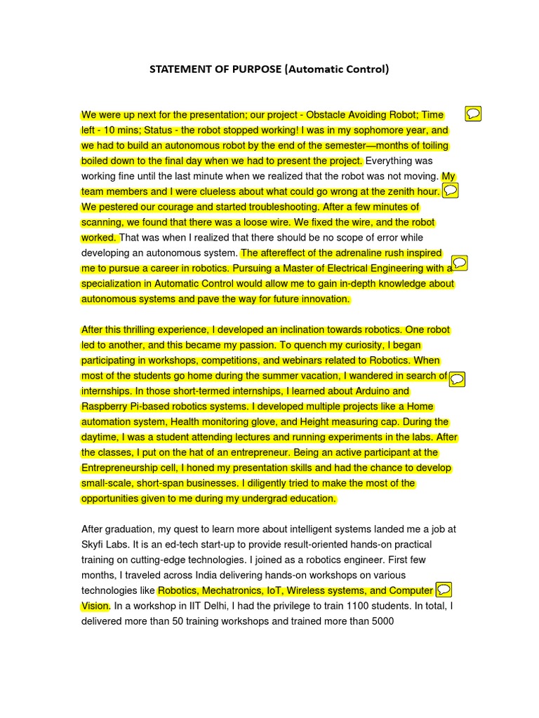 STATEMENT OF PURPOSE (Automatic Control) | PDF | Robotics | Automation