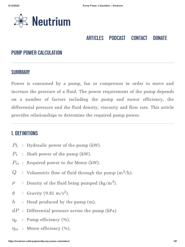 Pump Power Calculation - Neutrium | PDF | Pump | Electric Motor