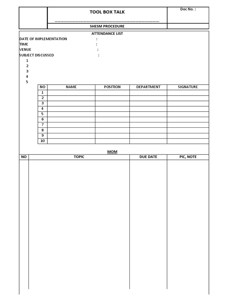Tool Box Talk: Shesm Procedure Attendance List | PDF