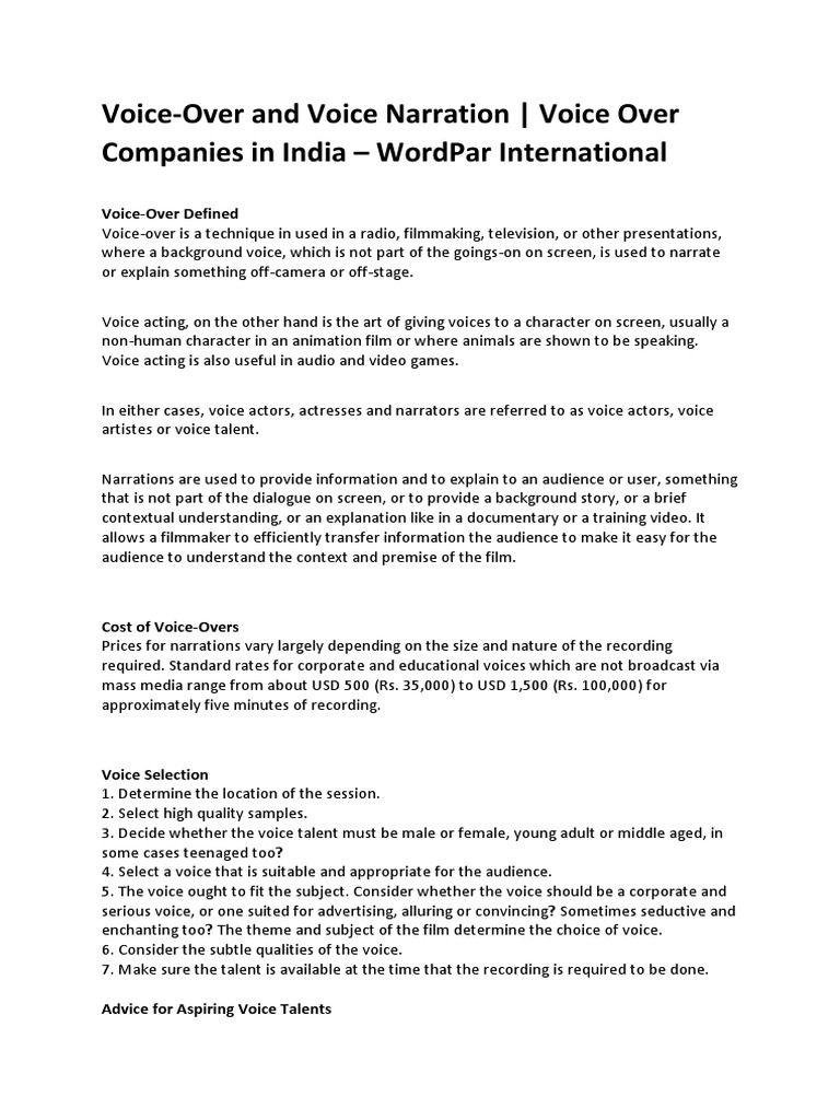 Voice Over and Voice Narration Voice Over Services India WordPar | PDF ...