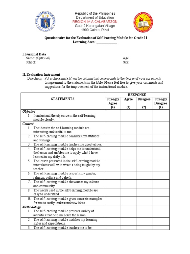 Grade 11 Self-Learning Module Evaluation | PDF | Reading Comprehension ...