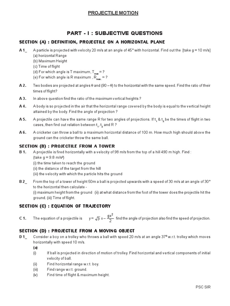 Part - I: Subjective Questions: Projectile Motion | PDF | Projectiles ...