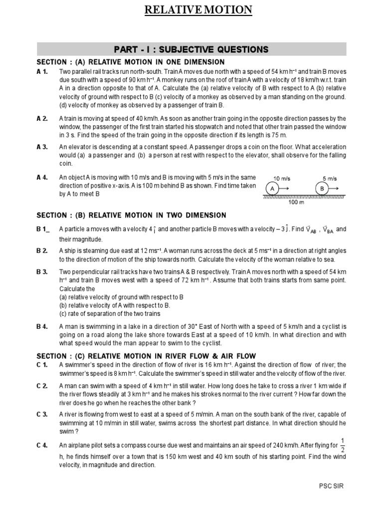 Part - I: Subjective Questions: Section: (A) Relative Motion in One ...