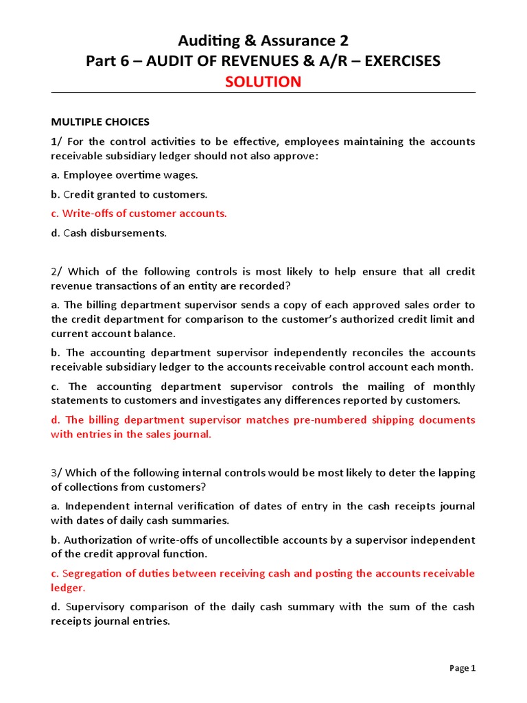 Auditing & Assurance 2 Part 6 - Audit of Revenues & A/R - Exercises ...