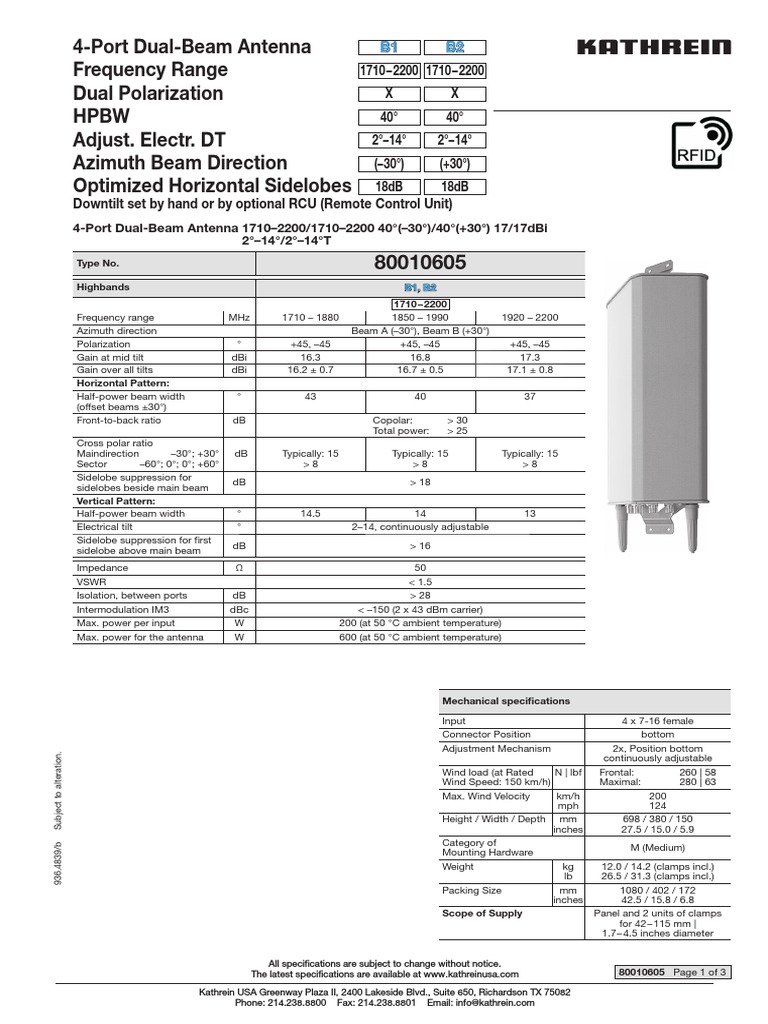 4-Port Dual-Beam Antenna Frequency Range Dual Polarization HPBW Adjust ...