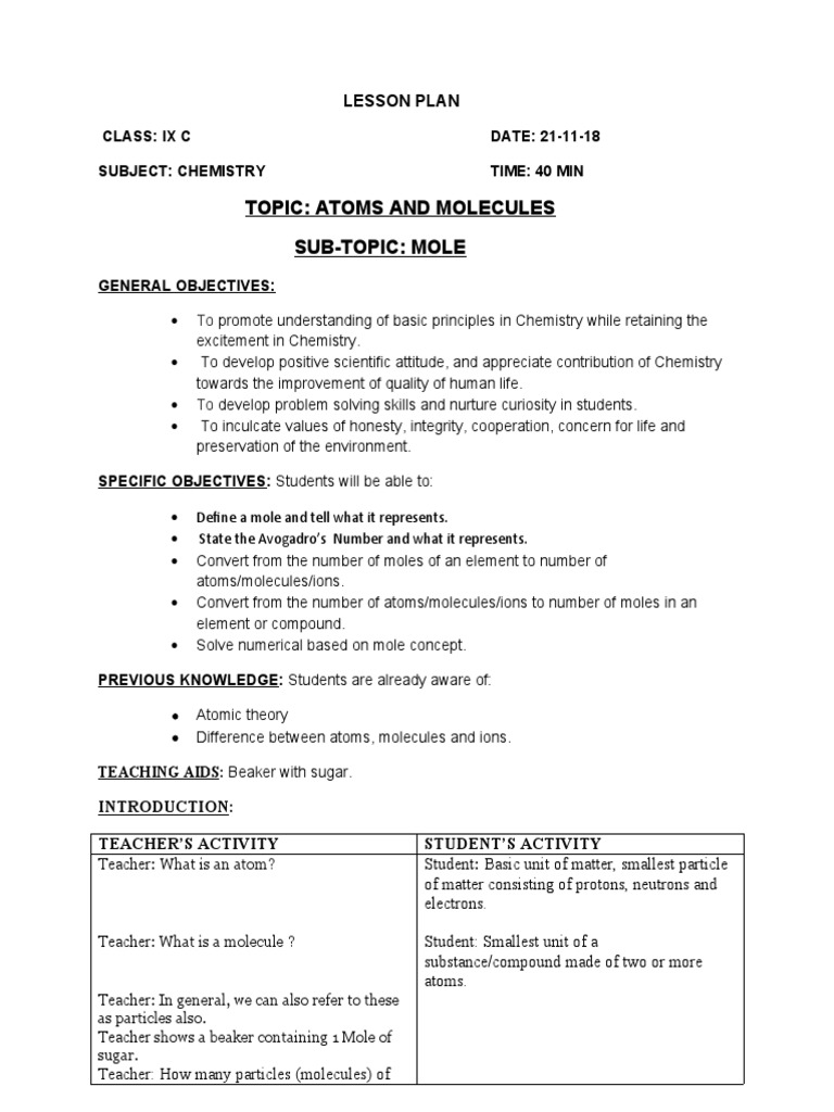 Topic: Atoms and Molecules Sub-Topic: Mole: Lesson Plan | Download Free ...